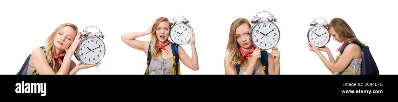 The woman student missing deadlines isolated on white Stock Photo - Alamy