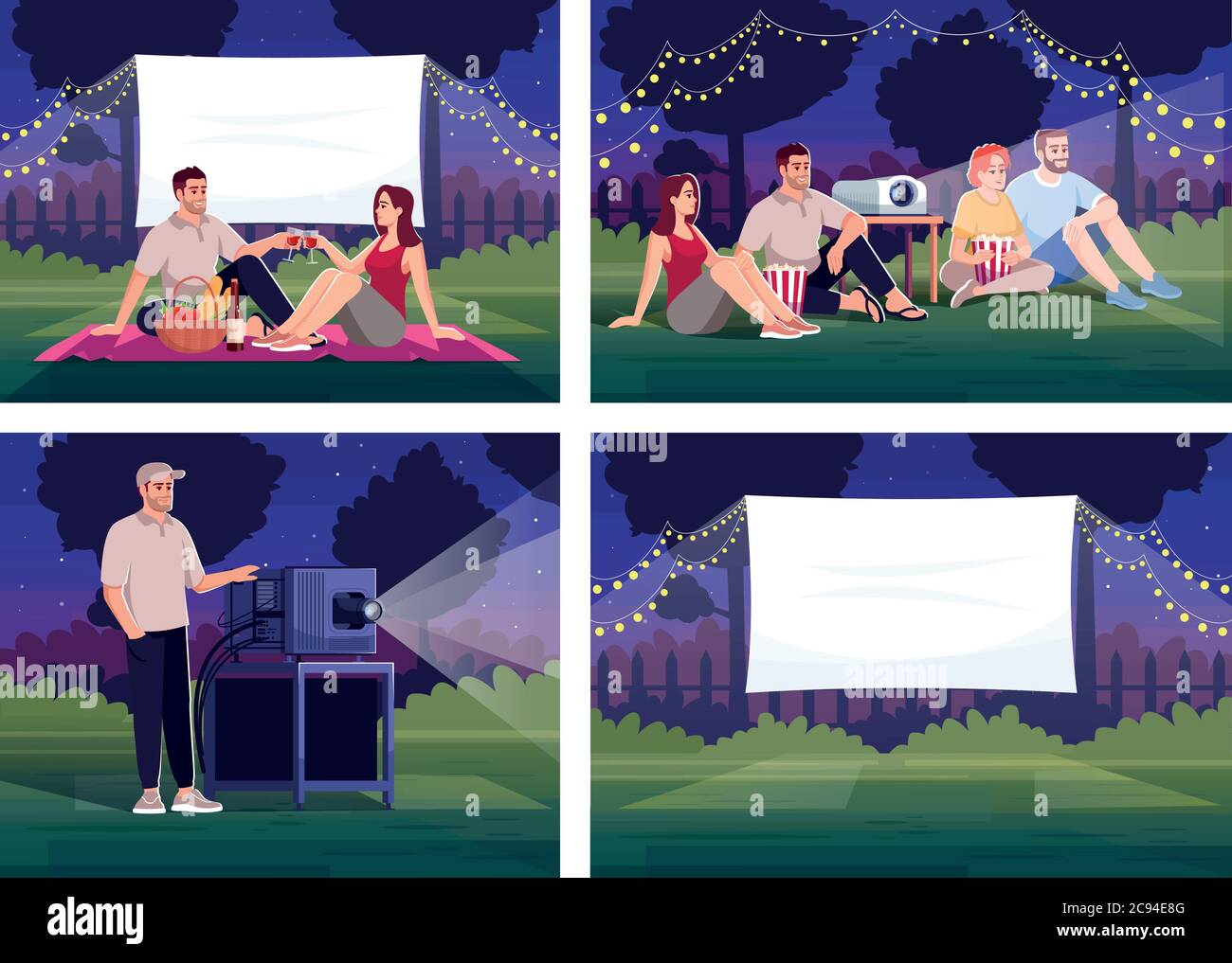 Outdoor home cinema semi flat vector illustration set. Couple on ...