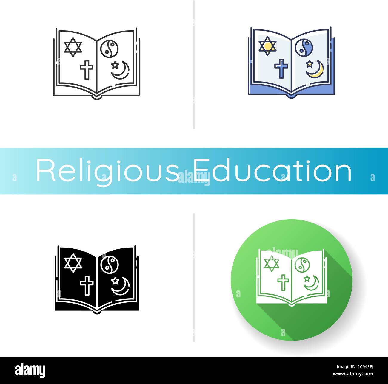 Religious education icon. Linear black and RGB color styles. Book with ...
