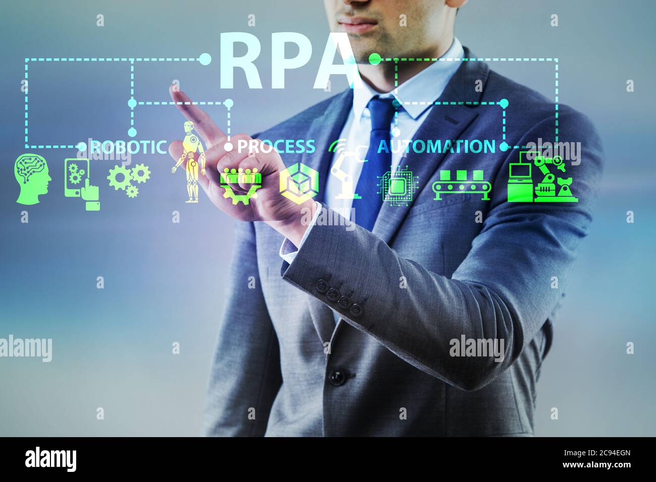 Businessman pressing buttons in the RPA concept Stock Photo - Alamy