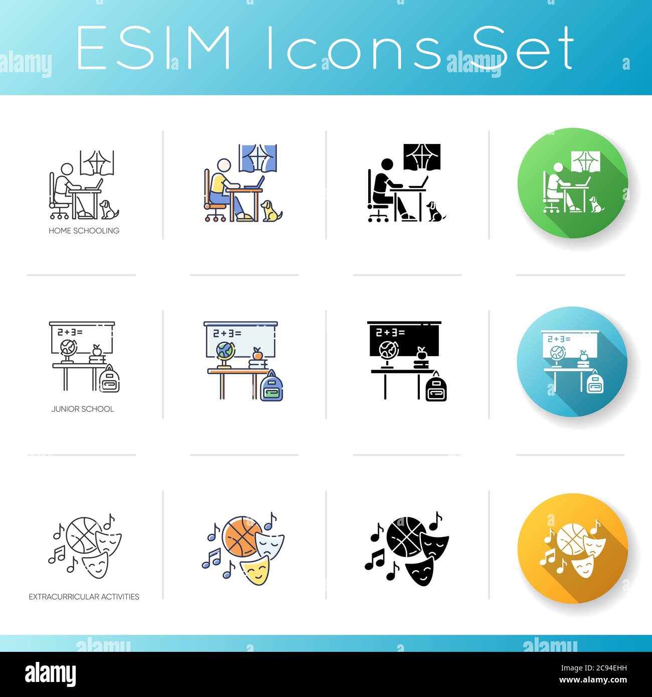 Primary education icons set. Linear, black and RGB color styles. Home ...