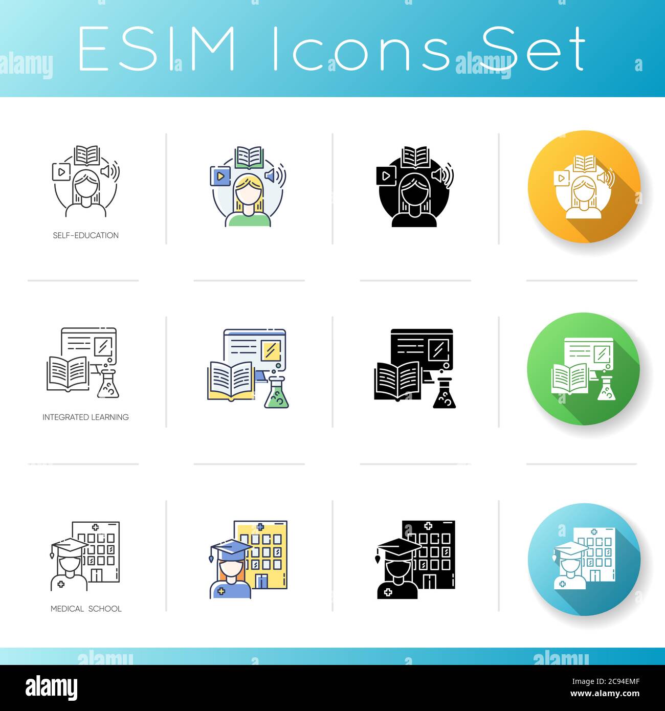 Modern education icons set. Linear, black and RGB color styles ...