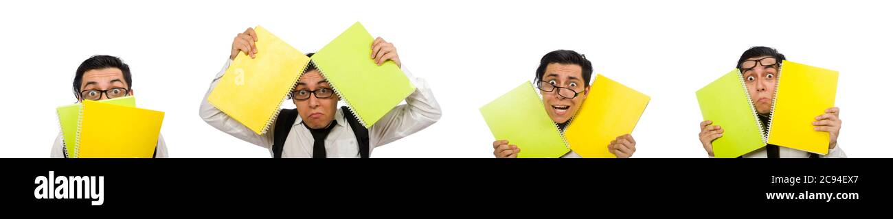The male student holding notes isolated on white Stock Photo - Alamy