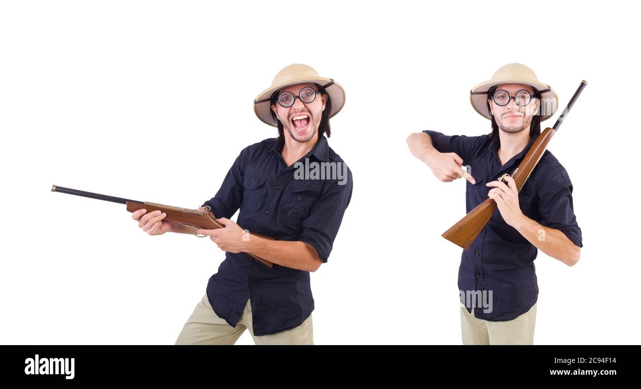 The funny hunter wearing safari hat Stock Photo - Alamy