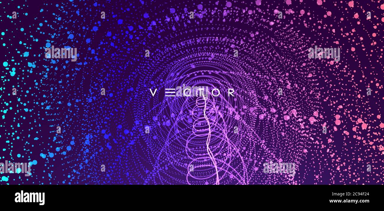 Array with dynamic particles. Swirl with connected dots. Abstract science or technology ...