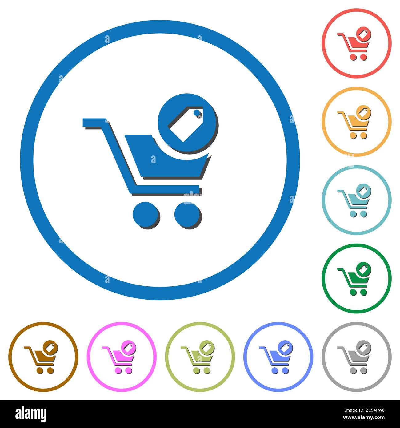 Product purchase features flat color vector icons with shadows in round ...