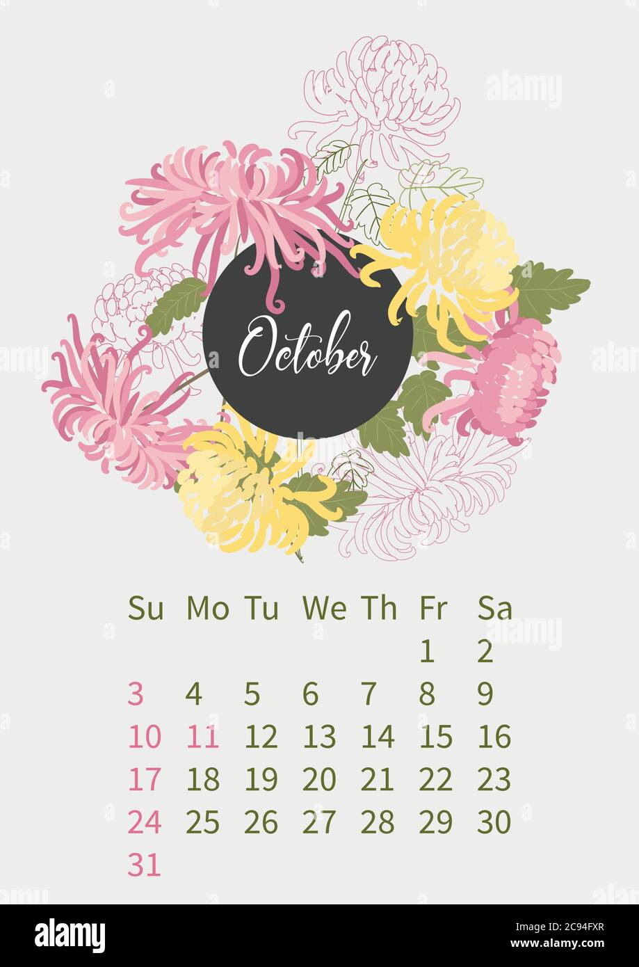 Flower Calendar 2021 with bouquets of flowers Stock Vector Image & Art ...
