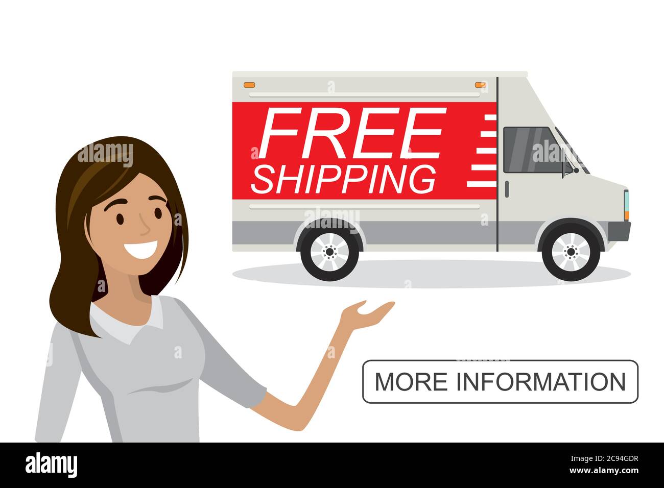 Smiling business woman,Delivery truck and text Free shipping,flat ...