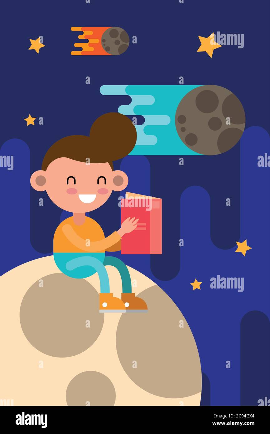 little student boy reading book in the moon comic character vector ...
