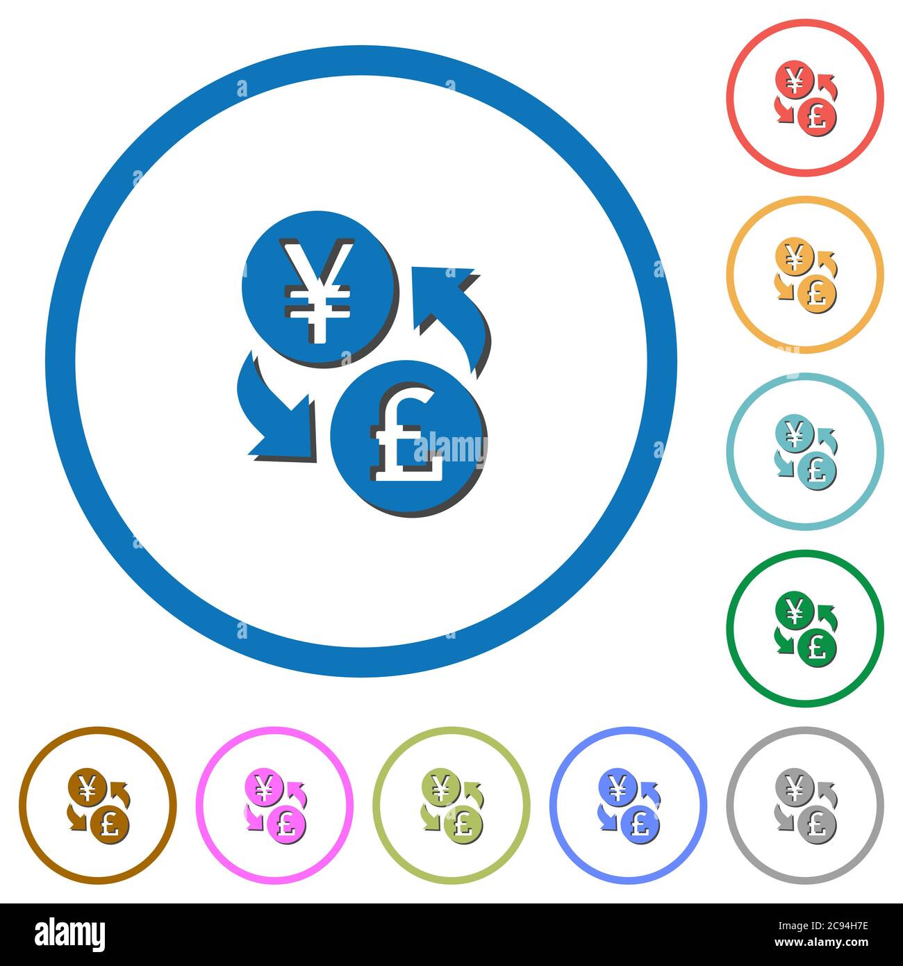 Yen Pound money exchange flat color vector icons with shadows in round ...