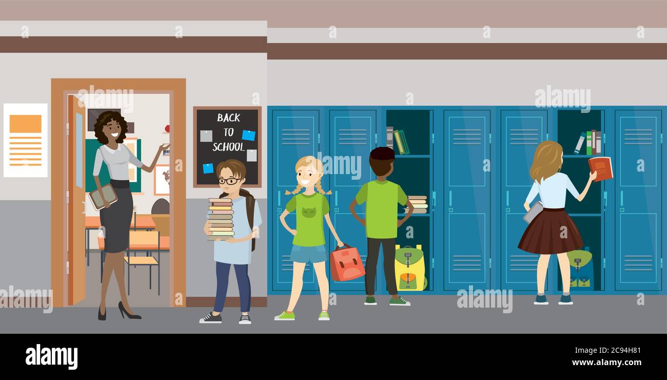 Cartoon Teacher and students in the school hall,school interior,flat ...