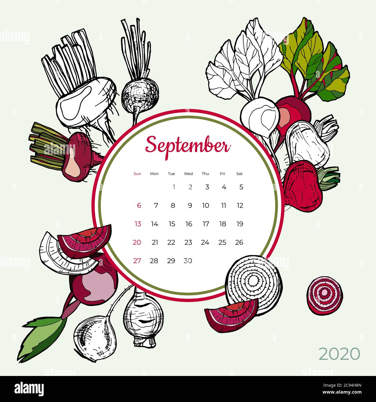 2020 September calendar vegetable. Red sugar beet groceries vector set ...