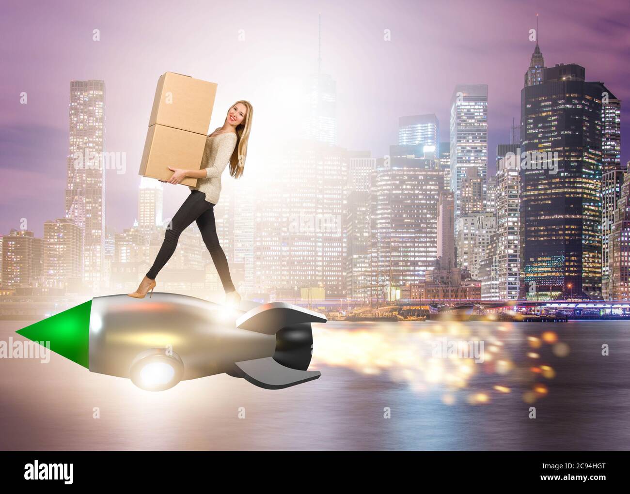 The woman in fast box delivery service on rocket Stock Photo - Alamy