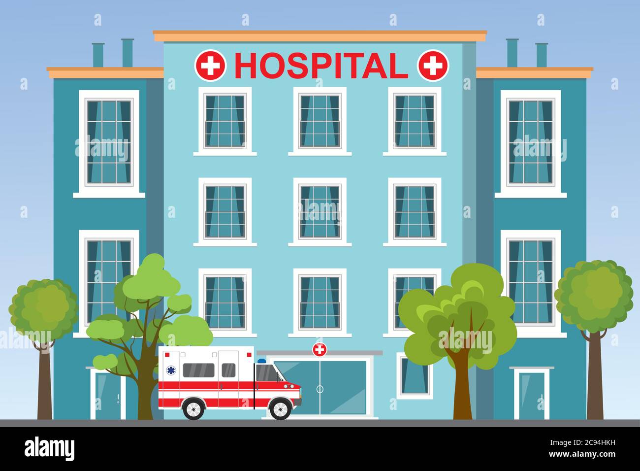 Ambulance car,hospital or clinic building with plants and trees,flat ...