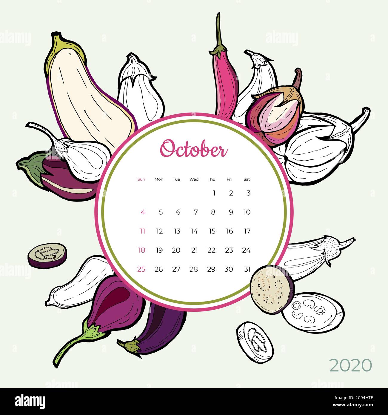 2020 October calendar vegetable. Purple eggplant groceries art vector ...
