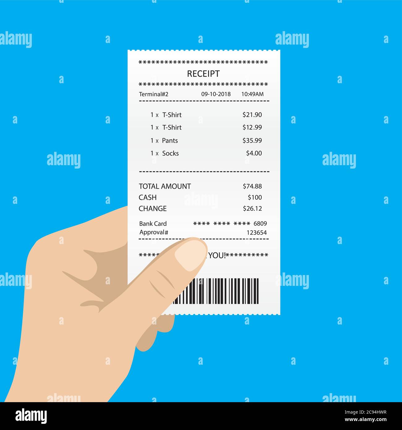 Hand holding white blank receipt,isolated on blue background,vector ...