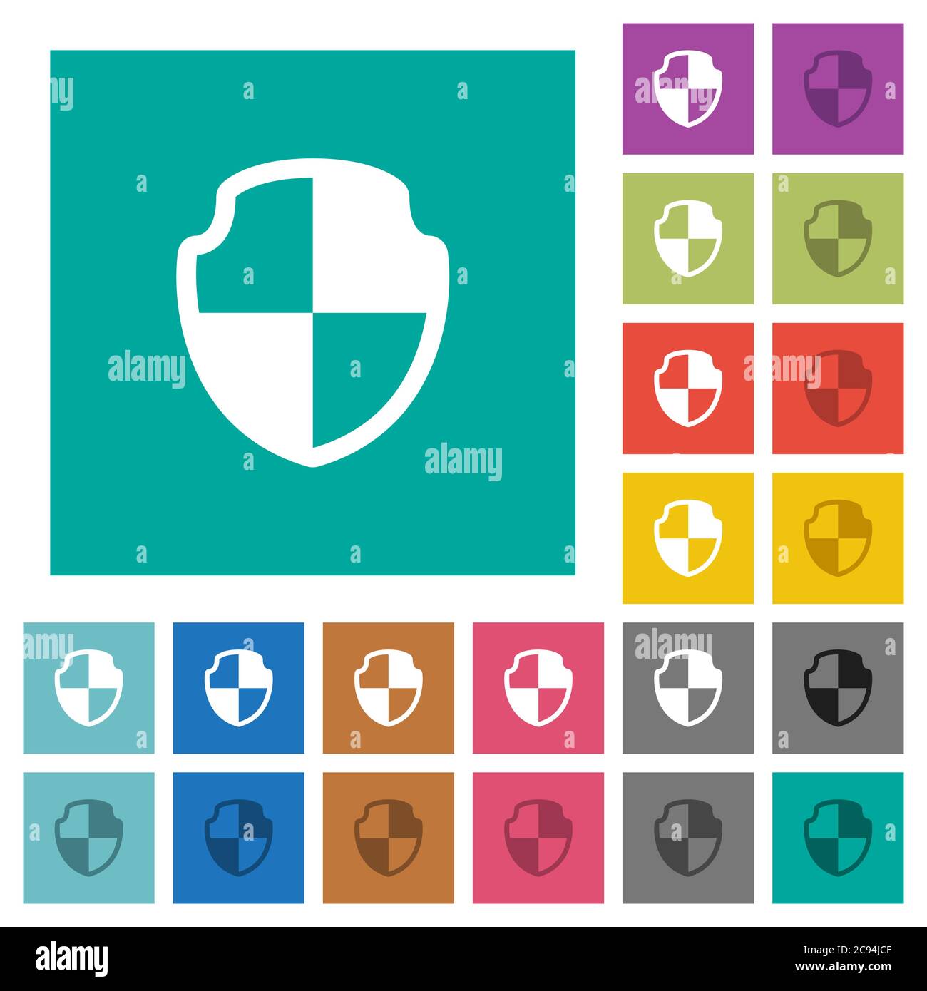 Shield multi colored flat icons on plain square backgrounds. Included ...