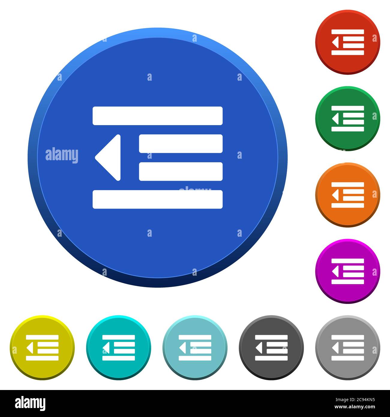 Decrease text indentation round color beveled buttons with smooth surfaces and flat white icons ...