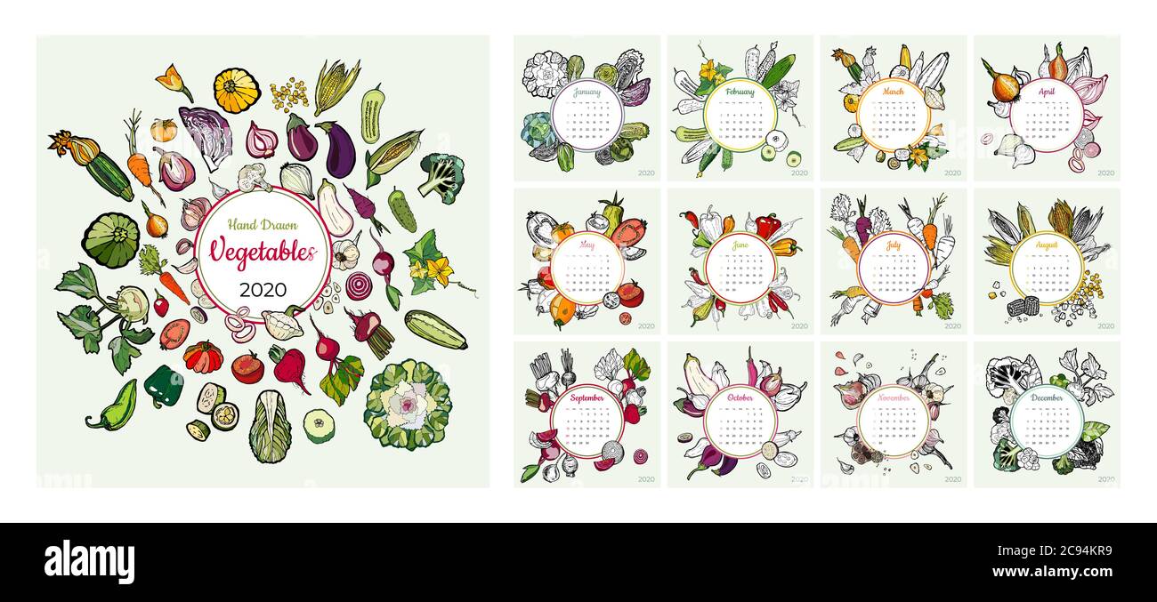 2020 calendar vegetable groceries art vector set. Desk, screen ...