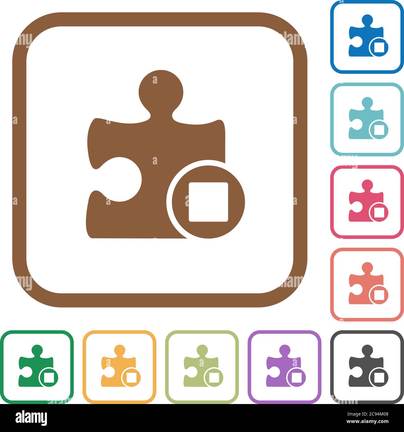 Stop plugin simple icons in color rounded square frames on white ...