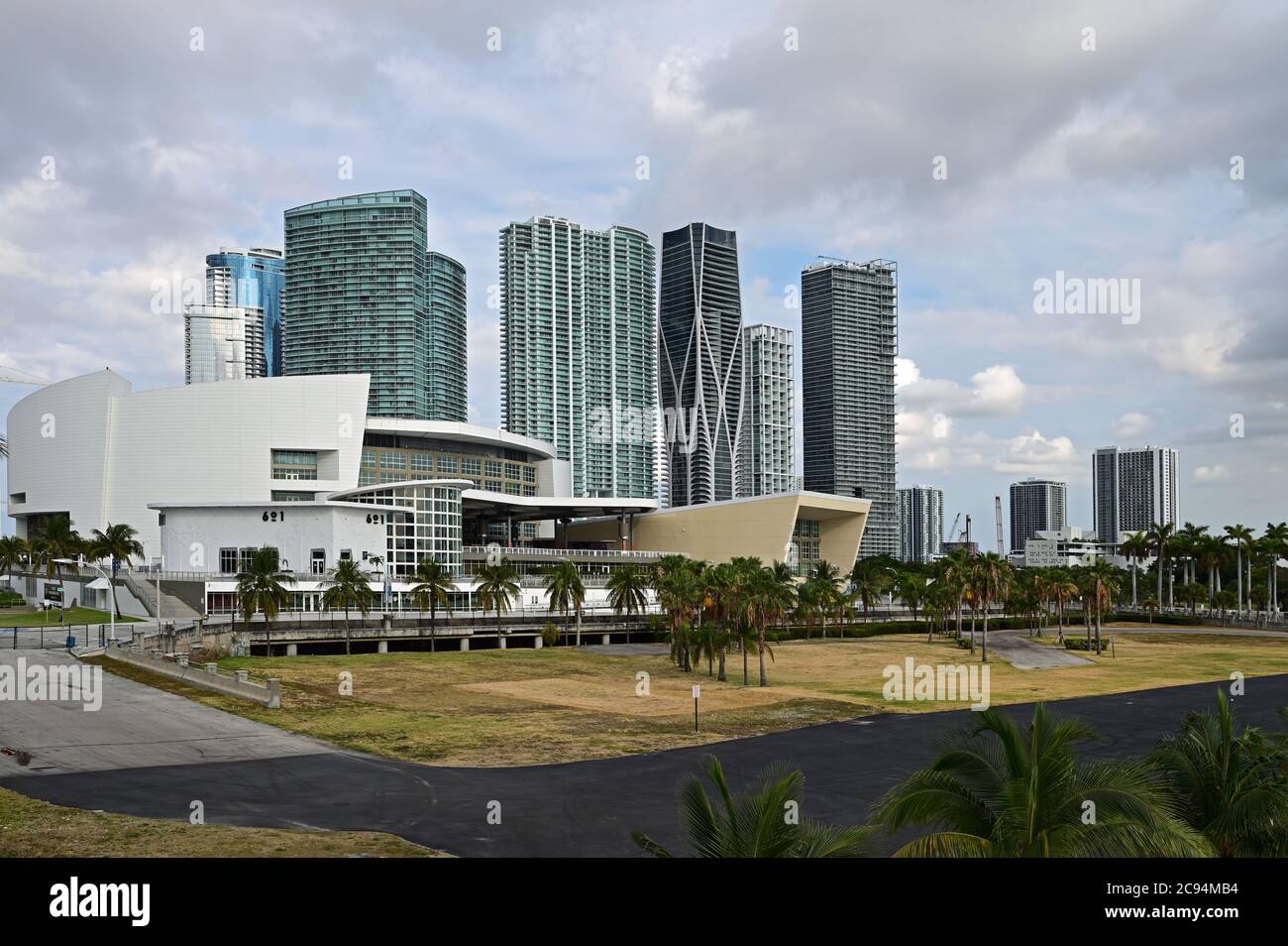 Miami, Florida - April 5, 2020 - Miami Arena and waterfront residential ...