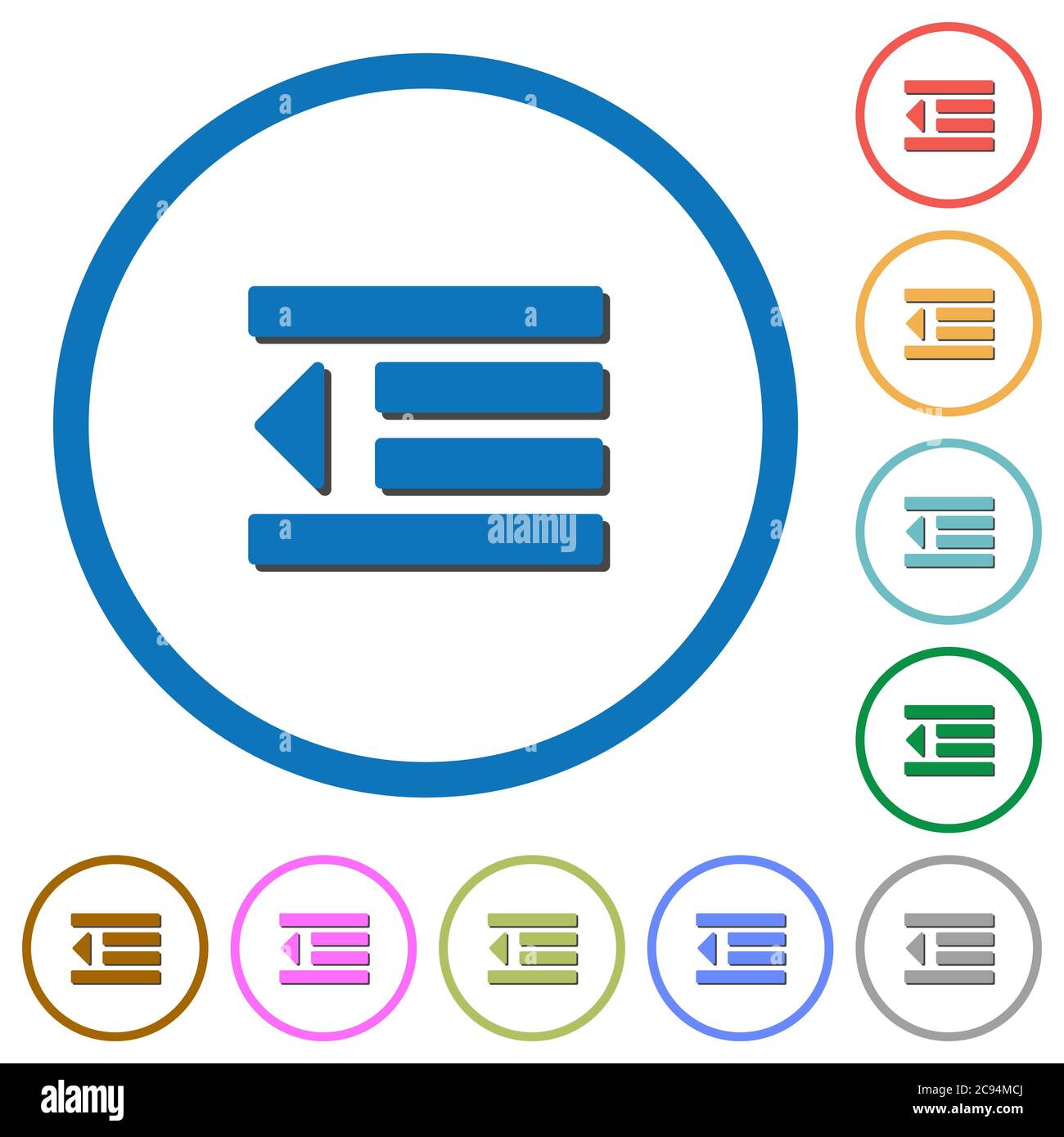 Decrease text indentation flat color vector icons with shadows in round outlines on white ...