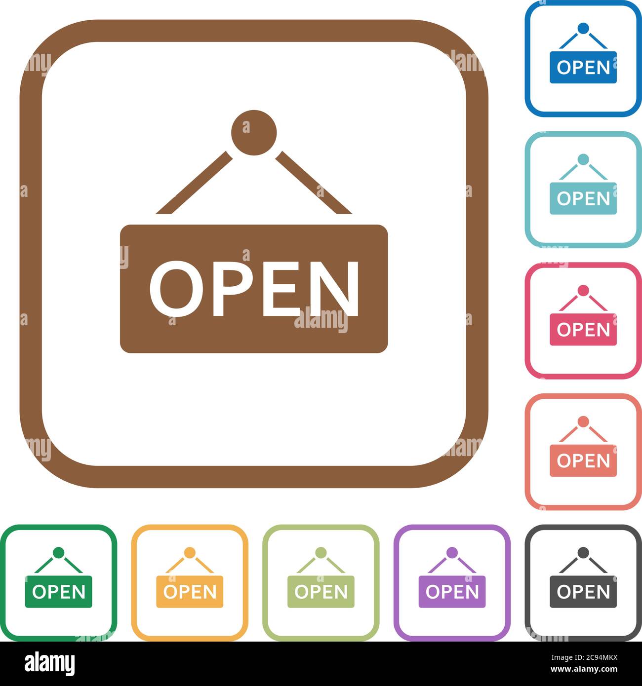 Open sign simple icons in color rounded square frames on white ...