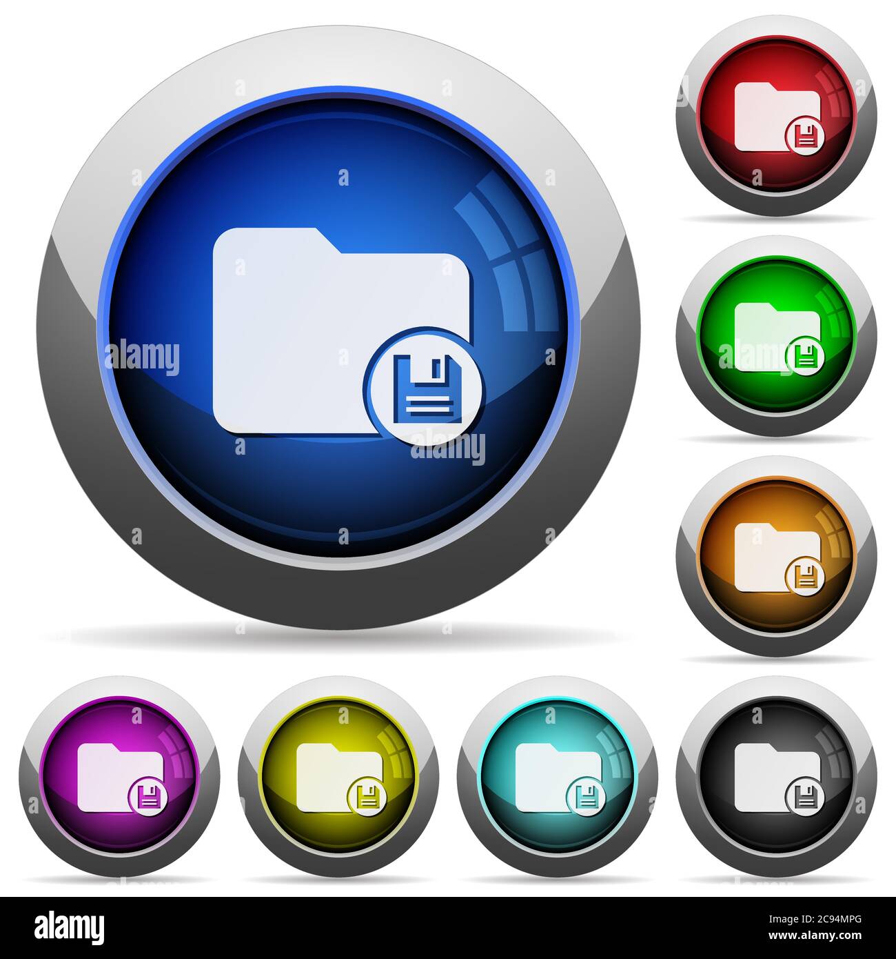Save folder icons in round glossy buttons with steel frames Stock ...