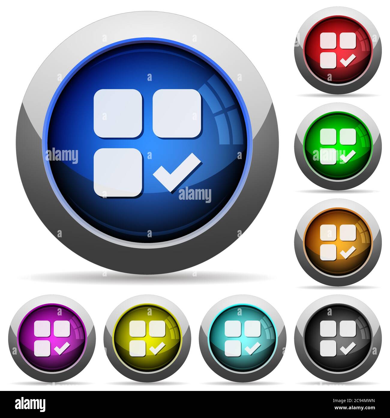Component ok icons in round glossy buttons with steel frames Stock ...