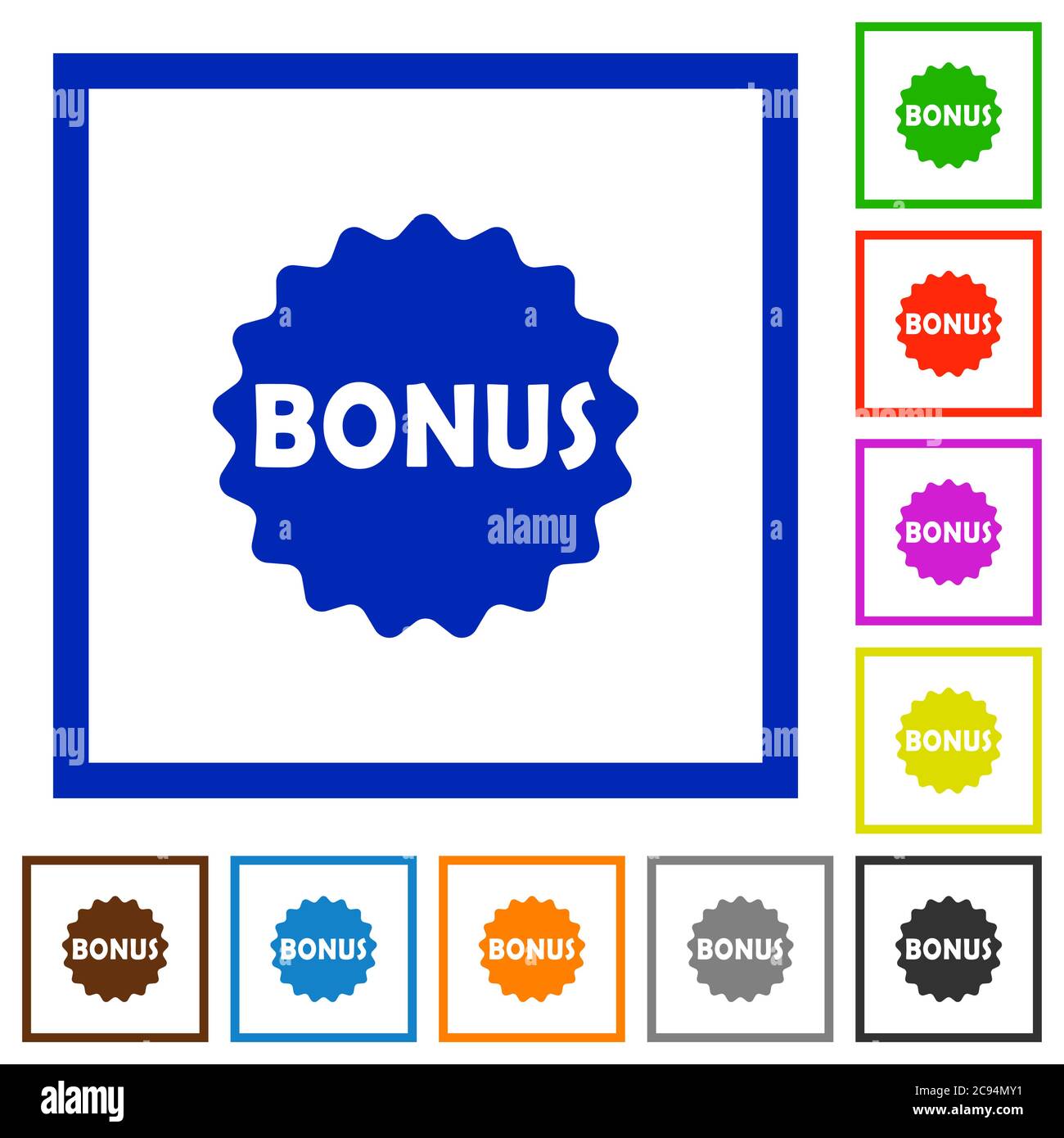 Bonus sticker flat color icons in square frames on white background ...