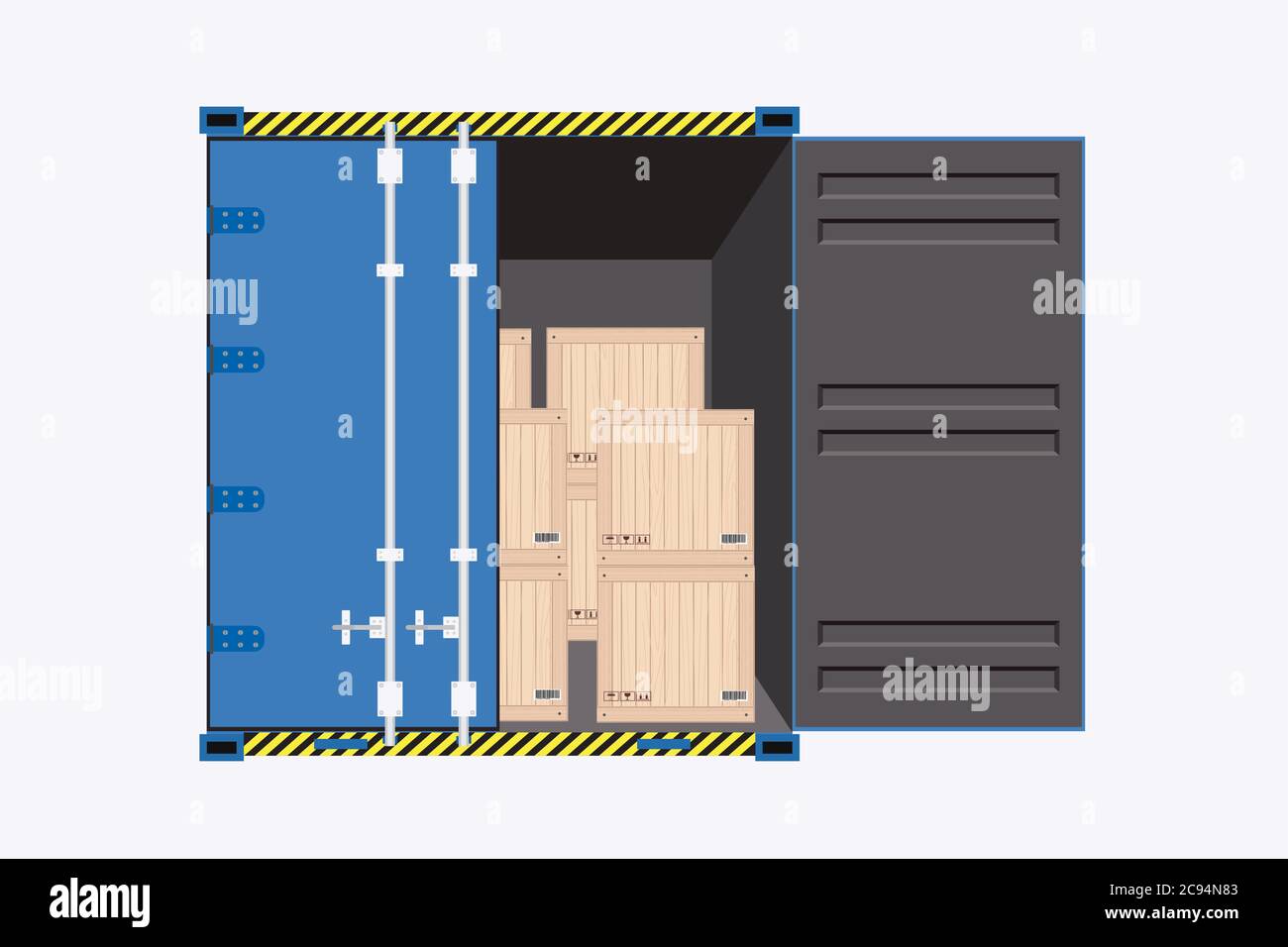 Blue sea container with open door,wooden boxes inside the container ...
