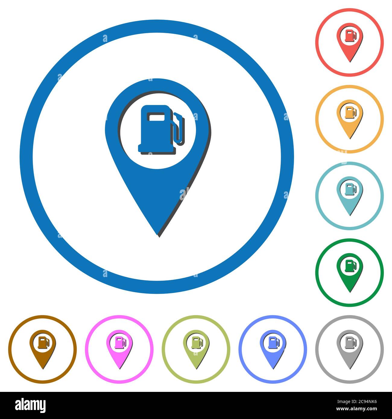Gas station GPS map location flat color vector icons with shadows in ...