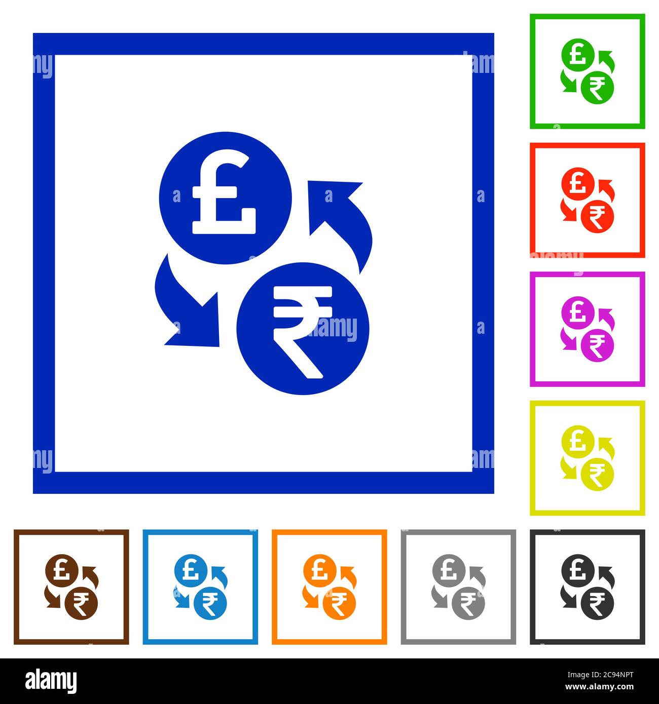 Pound Rupee money exchange flat color icons in square frames on white ...