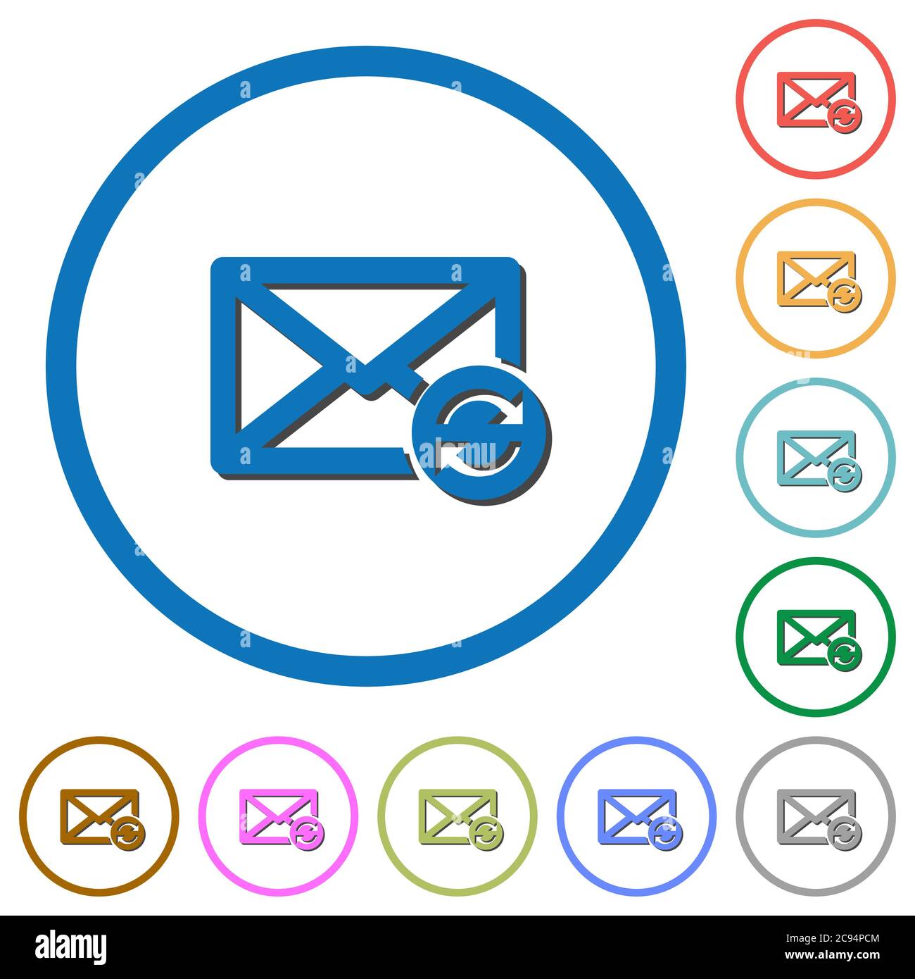 Syncronize mails flat color vector icons with shadows in round outlines on white background ...