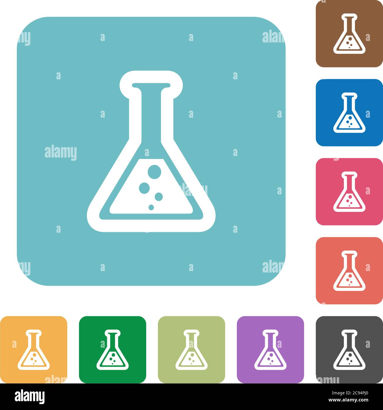 Flask with liquid white flat icons on color rounded square backgrounds ...