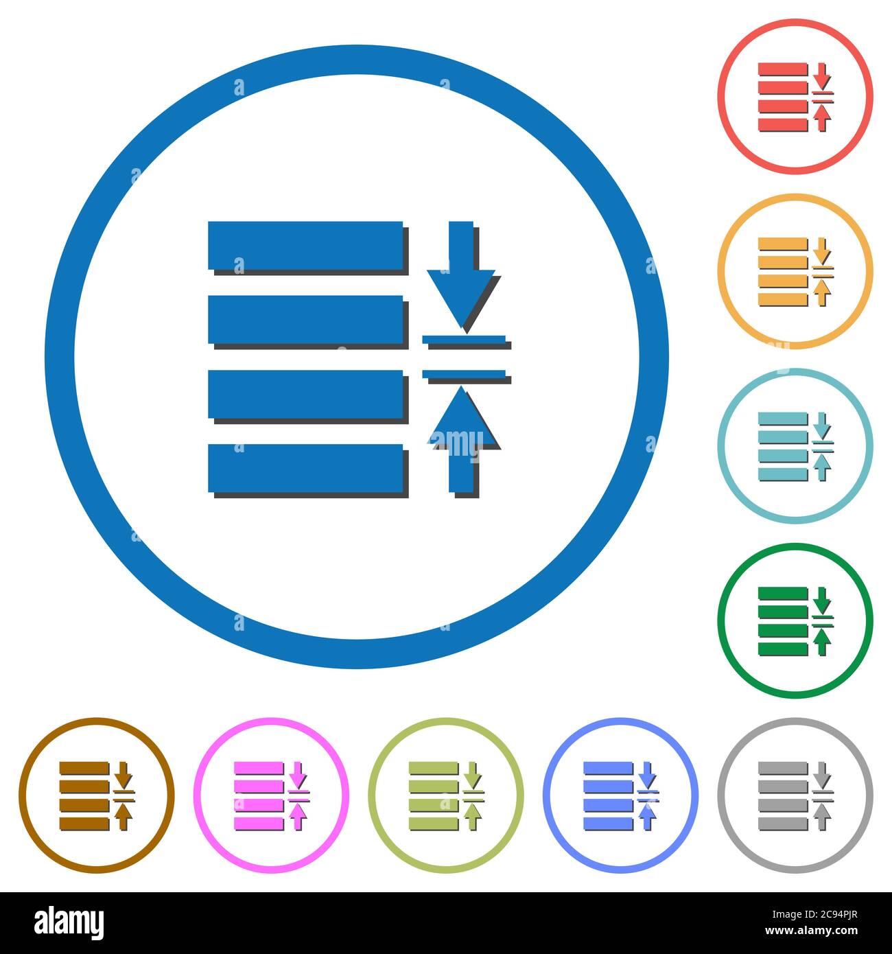 Adjust line spacing flat color vector icons with shadows in round ...