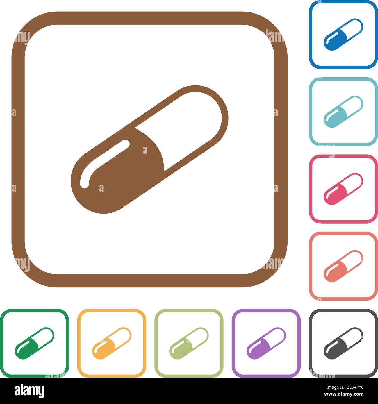 Pill simple icons in color rounded square frames on white background ...