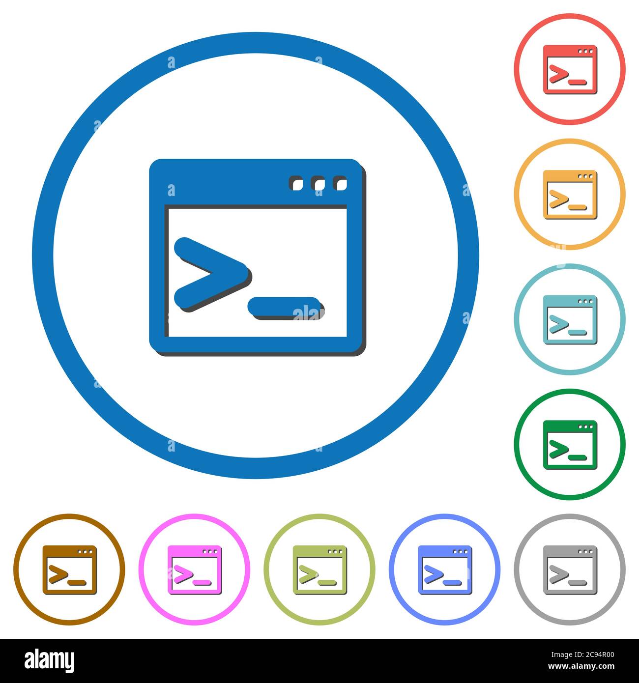 Command prompt flat color vector icons with shadows in round outlines ...