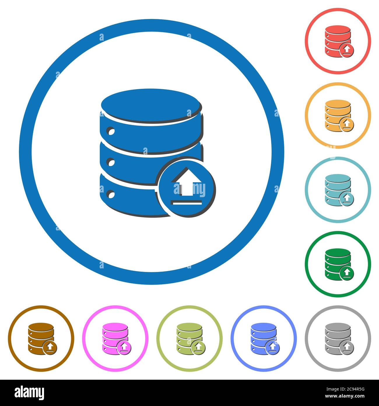 Restore database flat color vector icons with shadows in round outlines ...