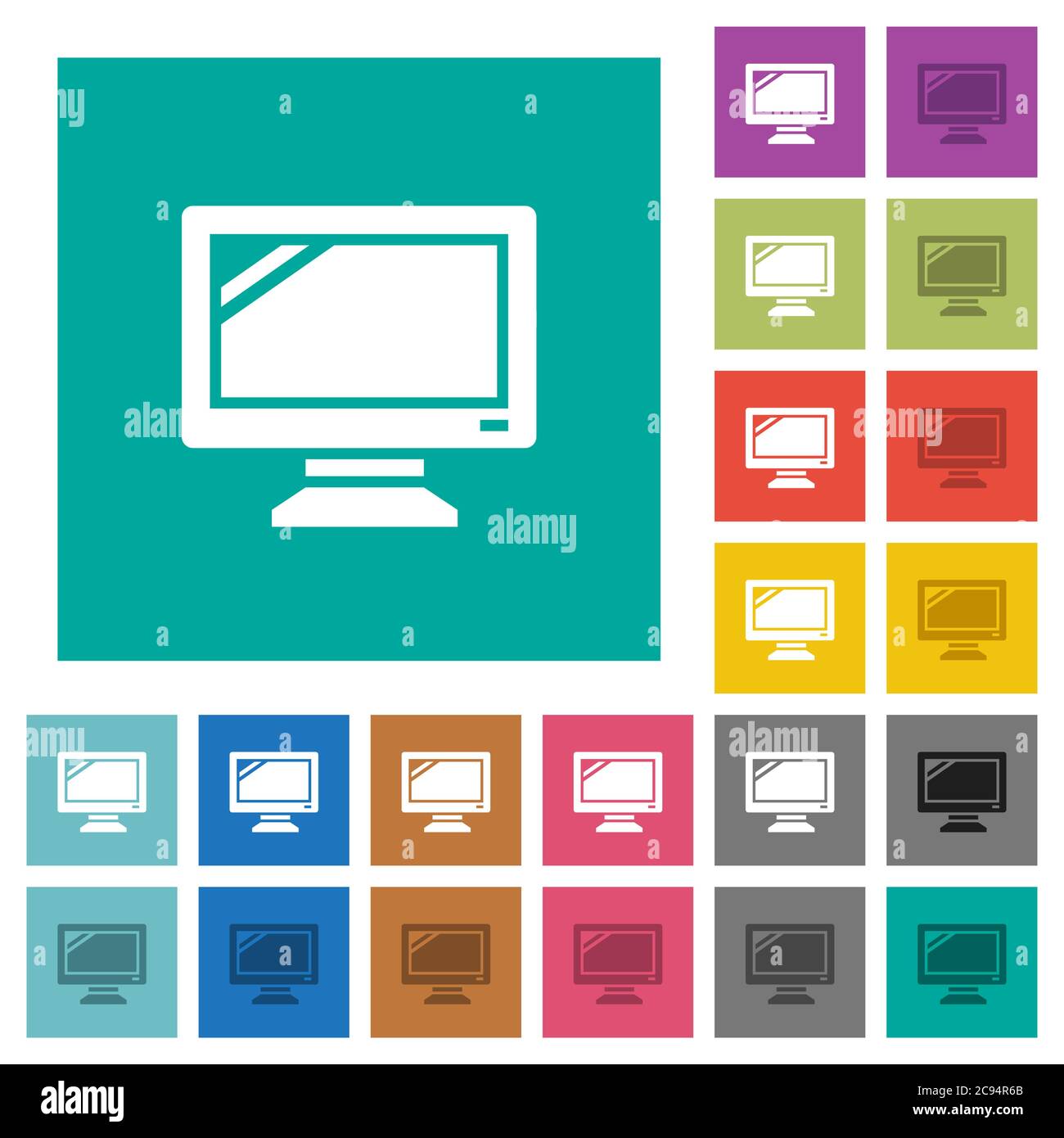 Monitor multi colored flat icons on plain square backgrounds. Included ...