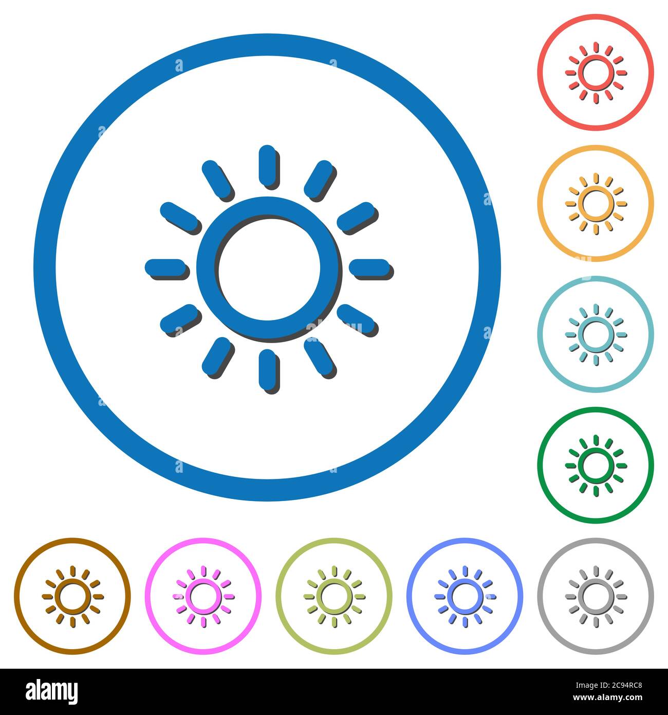 Brightness control flat color vector icons with shadows in round ...