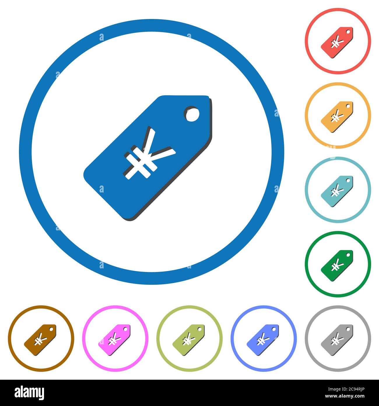 Yen price label flat color vector icons with shadows in round outlines ...
