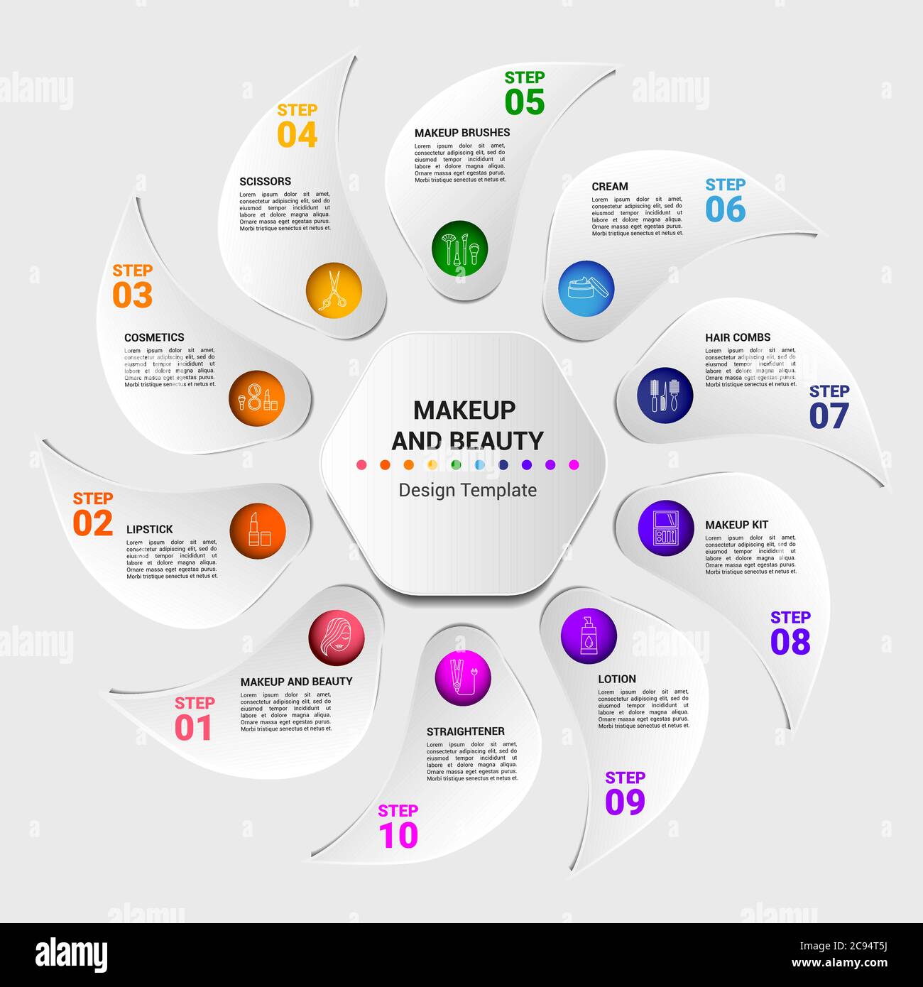 Infographic Makeup And Beauty template. Icons in different colors ...