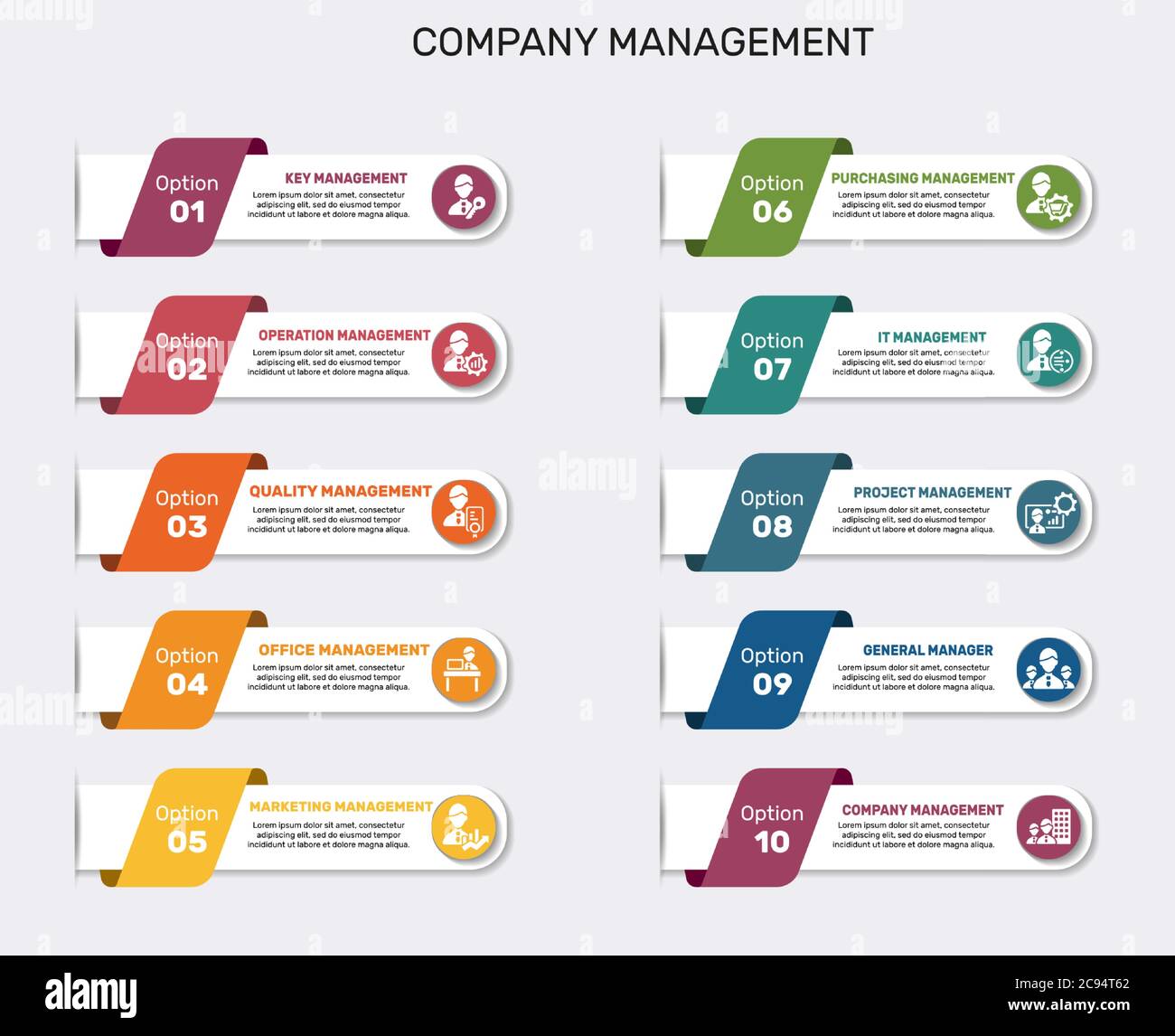 Infographic Company Management template. Icons in different colors ...