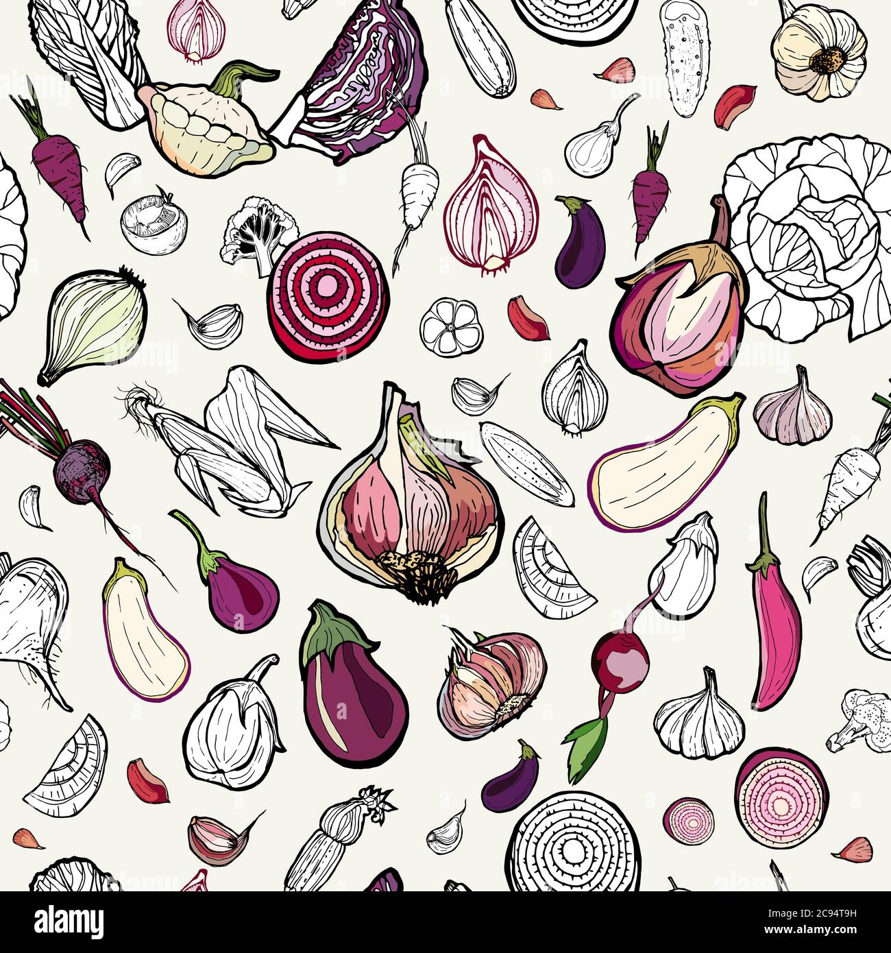 Vegetables seamless pink hand drawn pattern. Vegetarian hipster ...