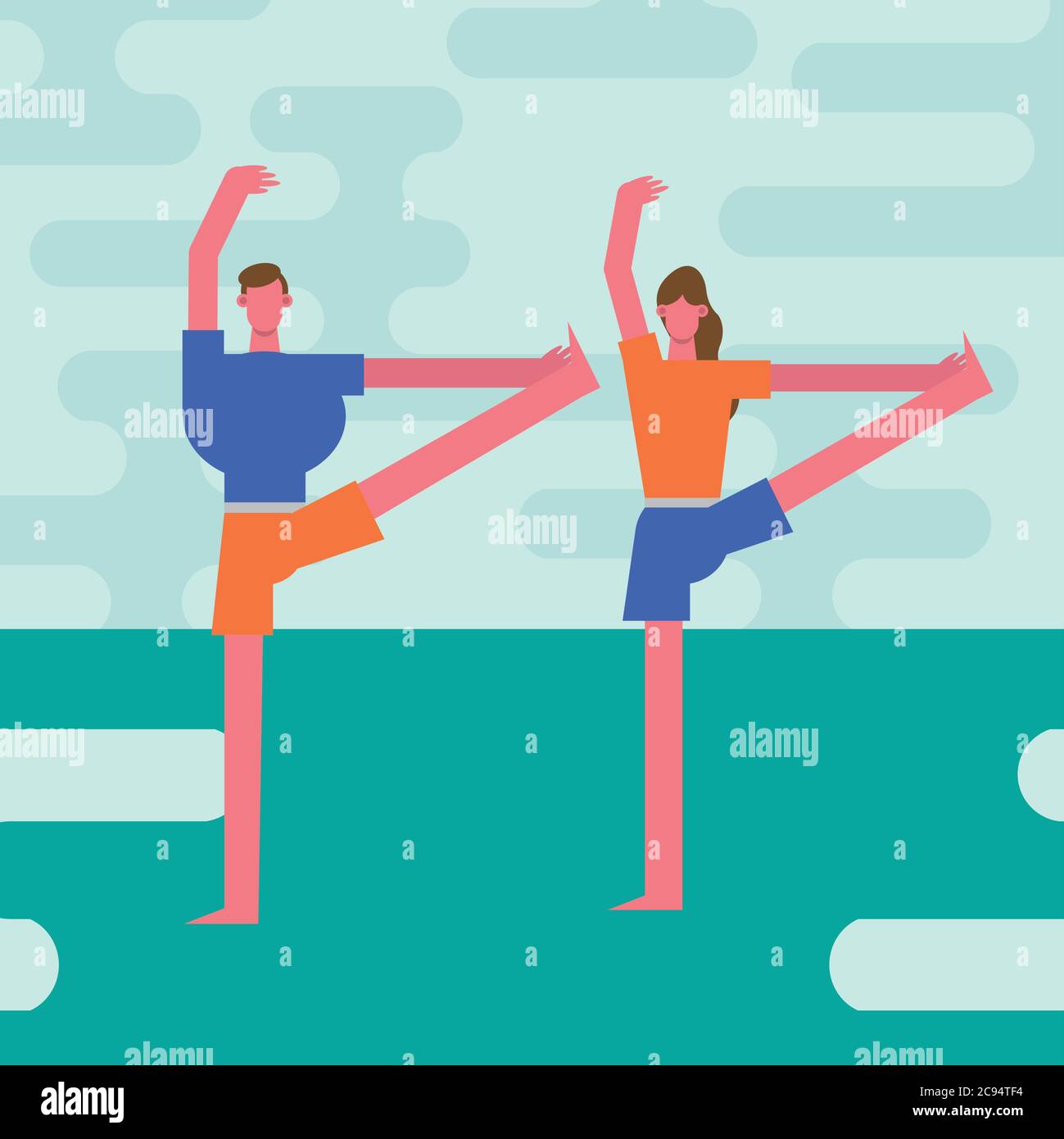 young couple practicing exercise characters vector illustration design ...
