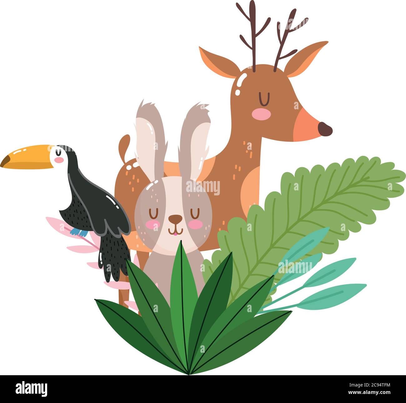 cute animals reindeer toucan and rabbit foliage nature wild cartoon ...