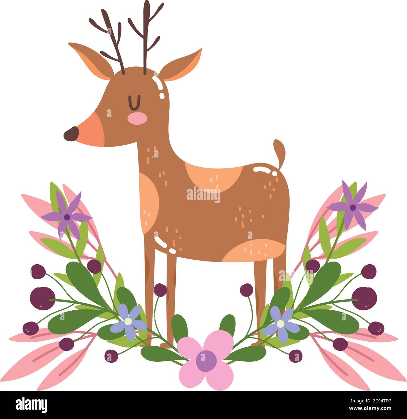 cute reindeer animal flowers foliage nature decoration cartoon vector ...