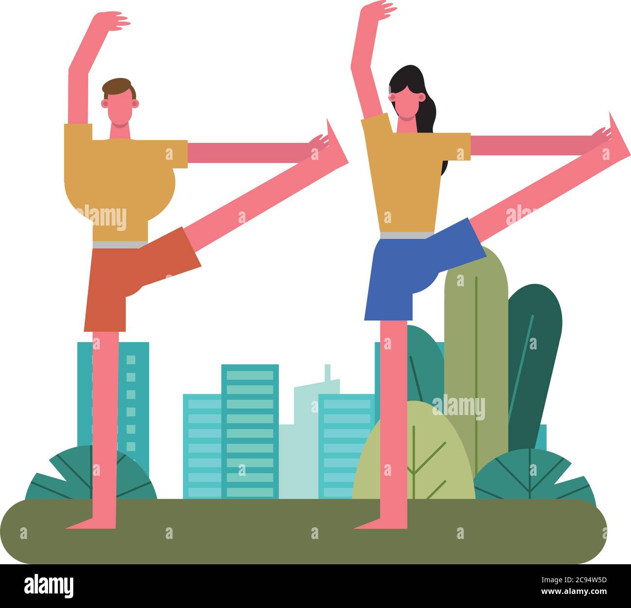 young couple practicing exercise characters vector illustration design ...
