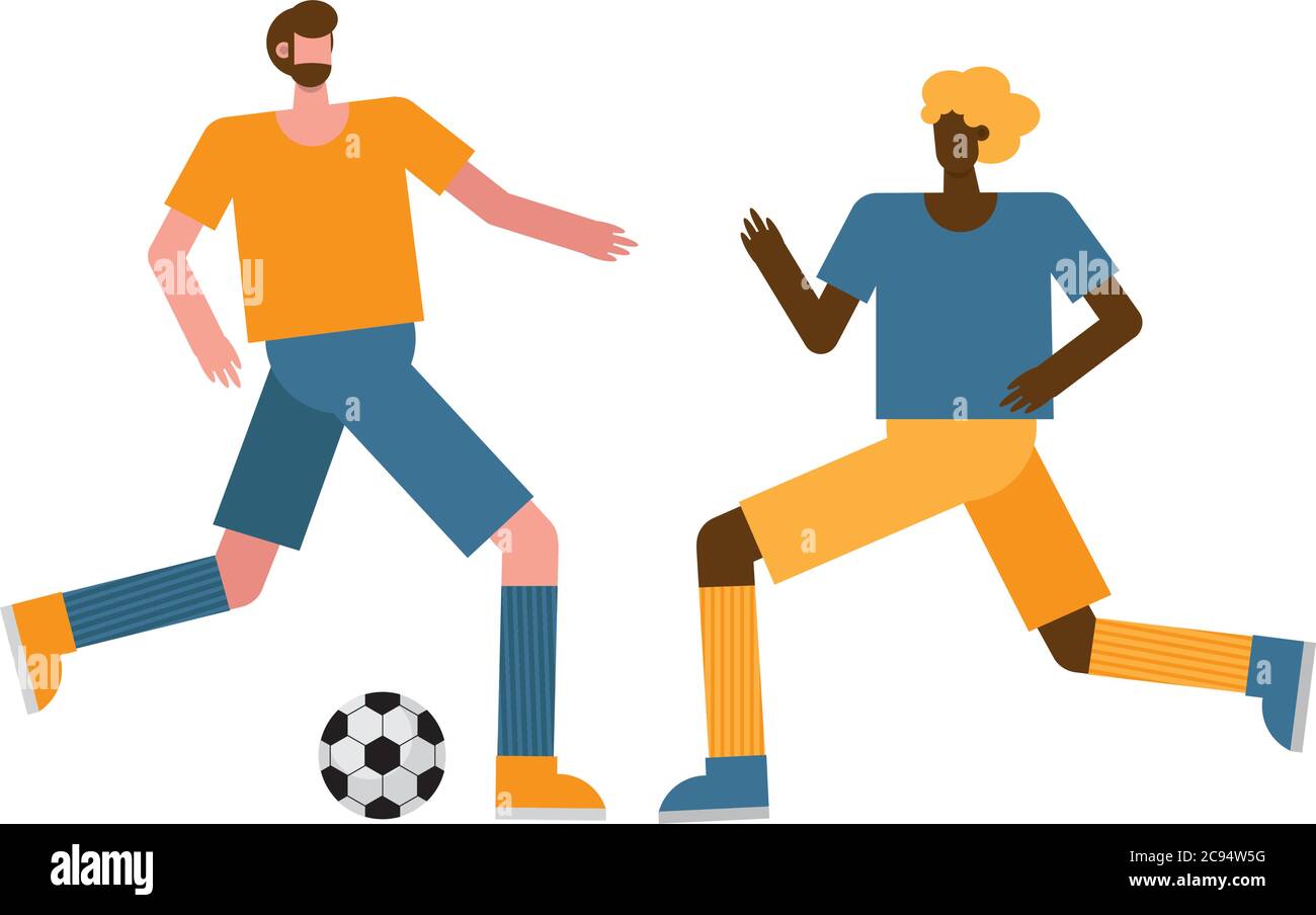 young men playing soccer practicing activity characters vector ...